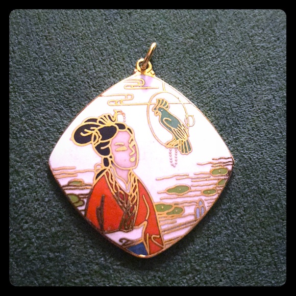 Vintage | Jewelry | Vintage Enamel Oriental Pendant Geisha Parakeet ...